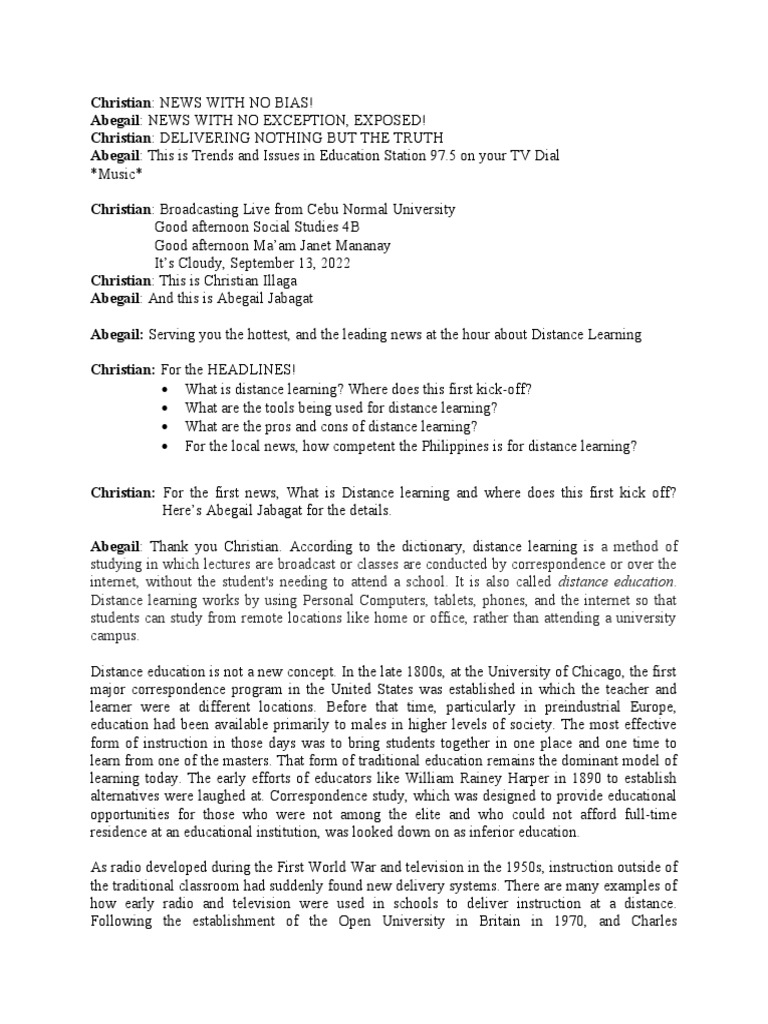 Distance Learning News Script | PDF | Distance Education | Learning