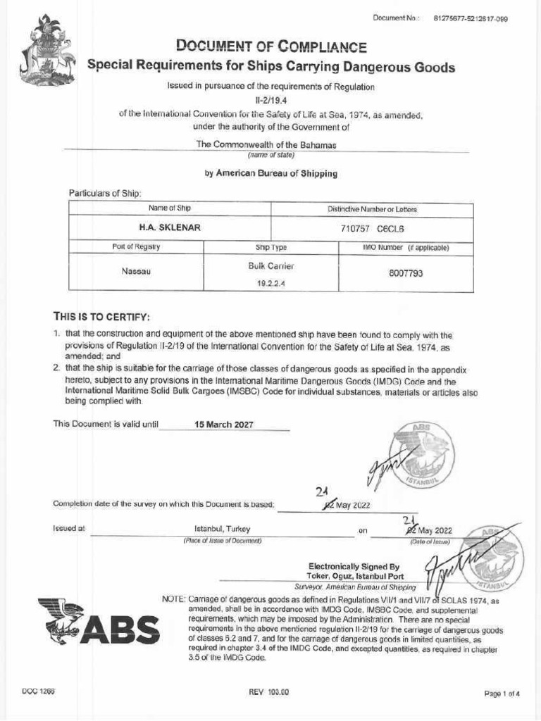 Document of Compliance Dangerous Goods | PDF