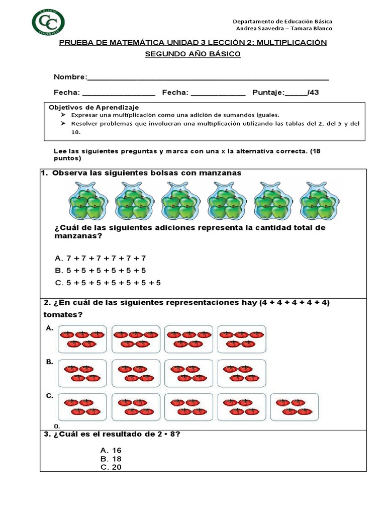 Prueba de Multiplicación 2° Básico | PDF | Multiplicación | Matemáticas