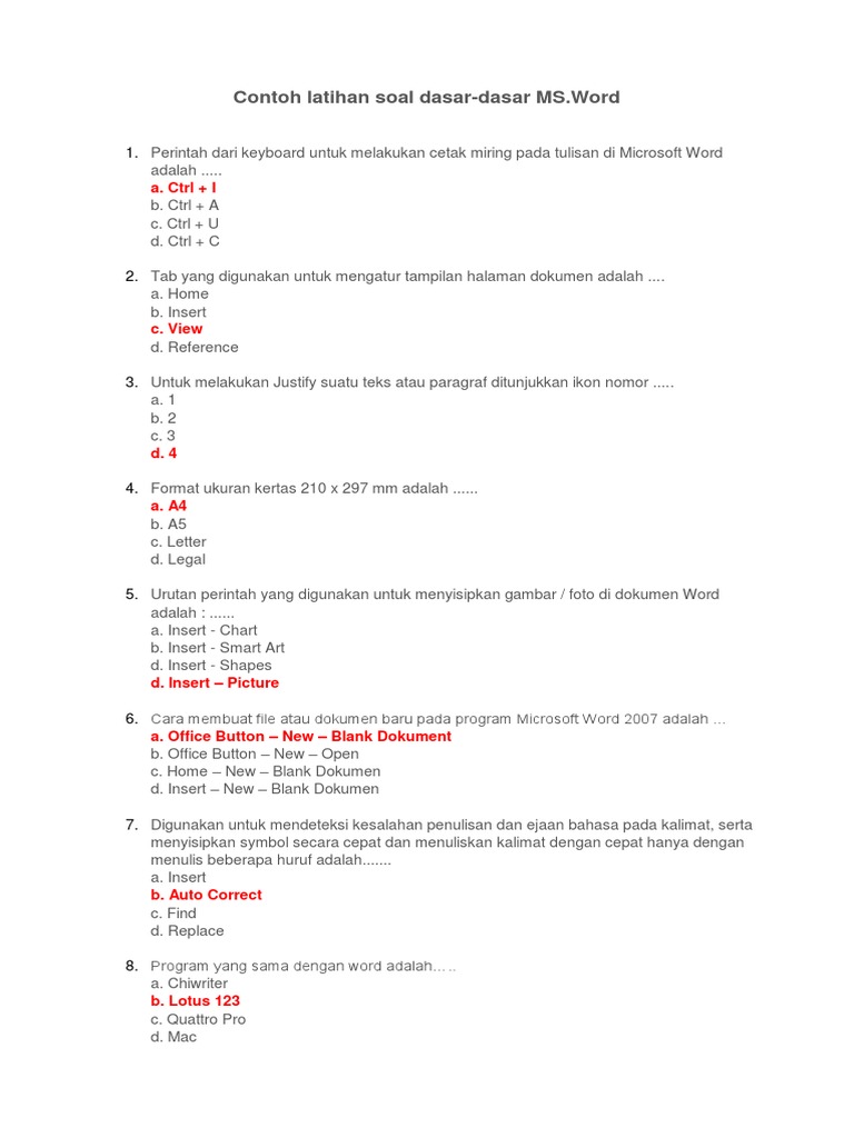 Contoh Latihan Soal Dasar Word 50 Nomor | PDF
