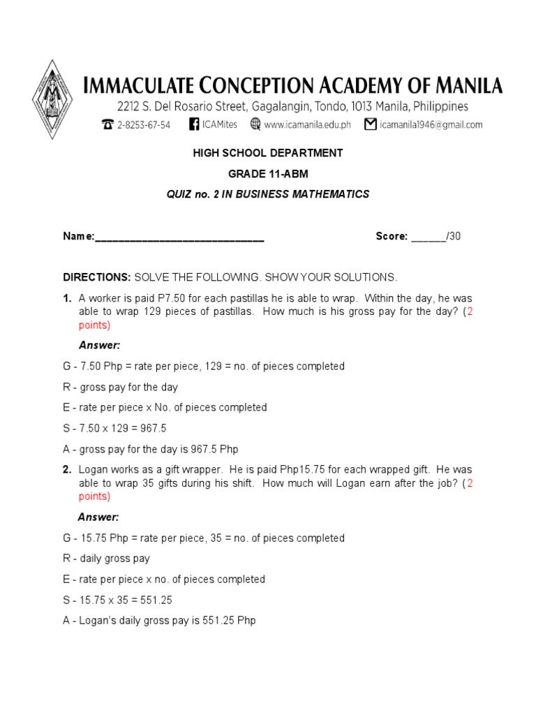 11 ABM - Quiz No. 2 | PDF | Salary | Factor Income Distribution