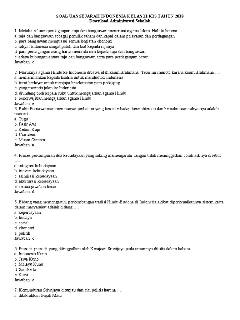 Soal Uas Sejarah Indonesia Kelas 11 Semester 1 | PDF
