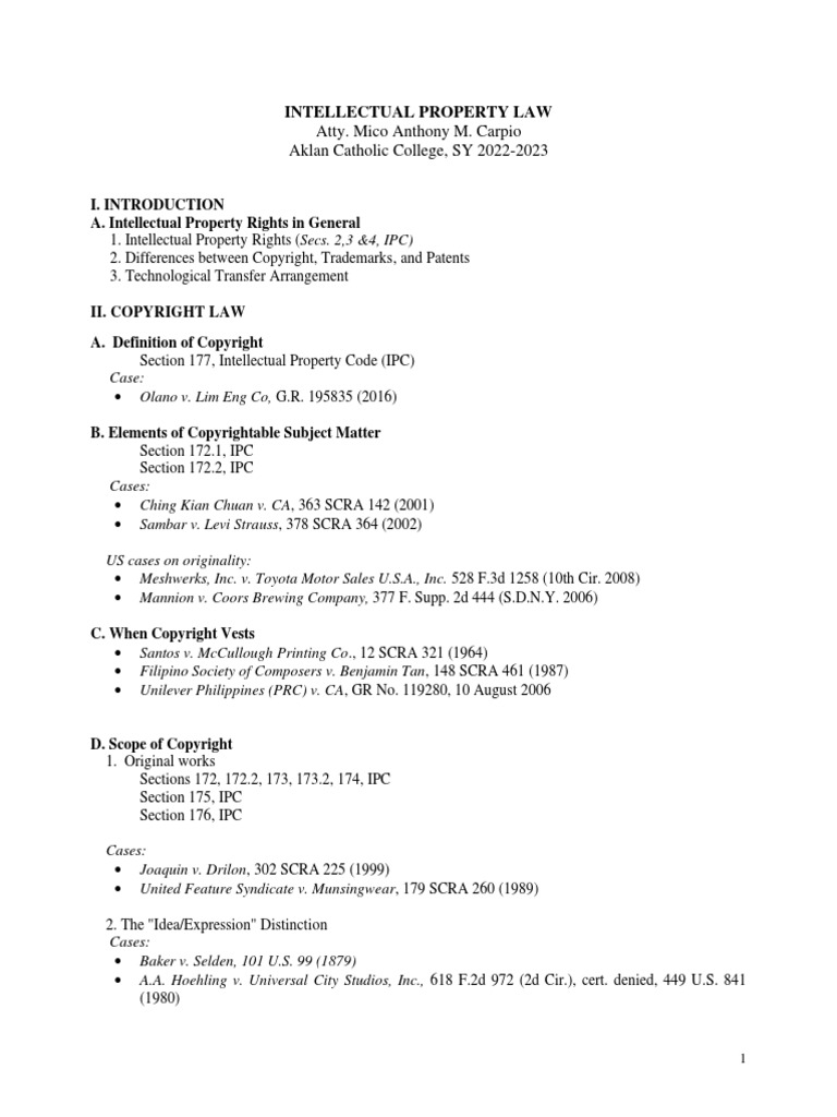 Copyright Syllabus Full | PDF | Civil Law (Common Law) | Copyright Law