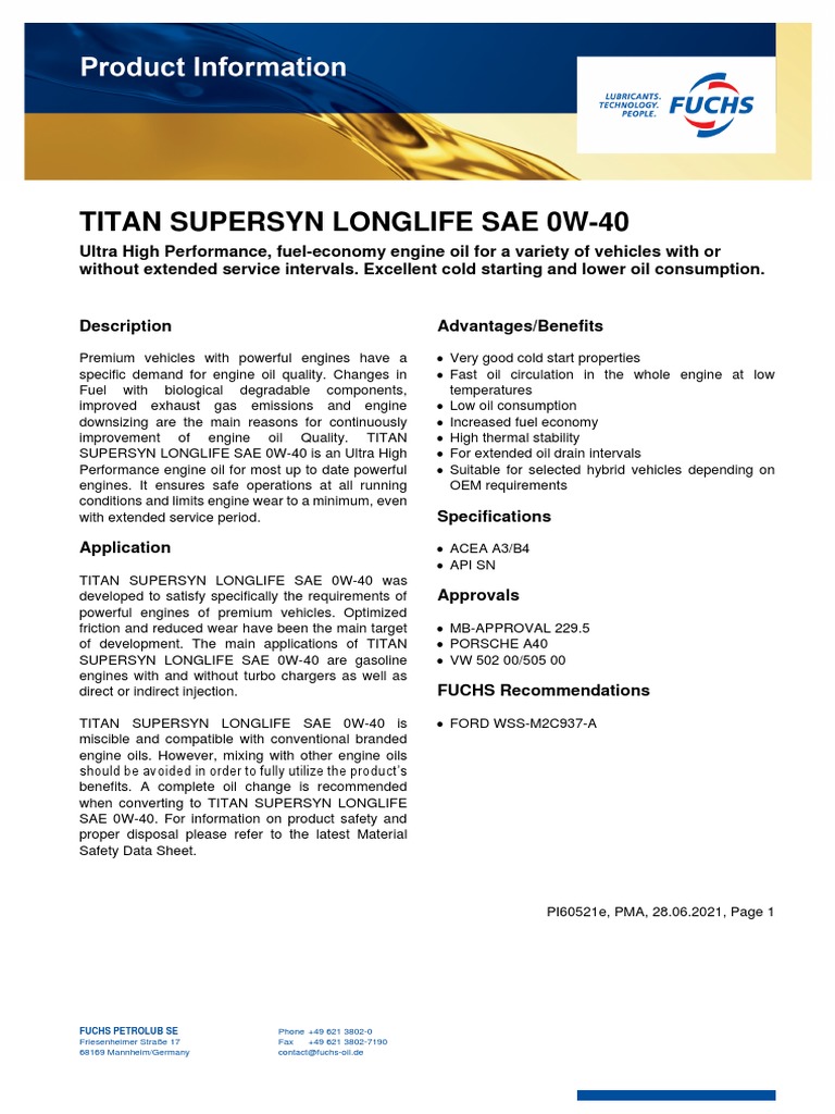 Pi - Titan Supersyn Longlife 0w-40 | PDF | Motor Oil | Mechanical ...