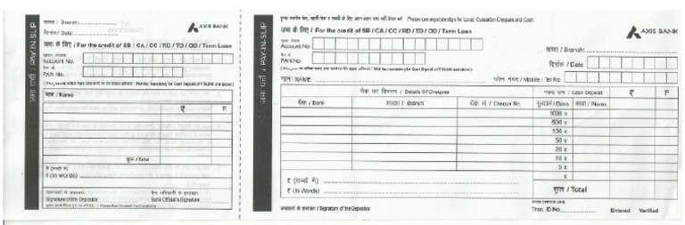 Axis Bank Cash Deposit Slip | PDF