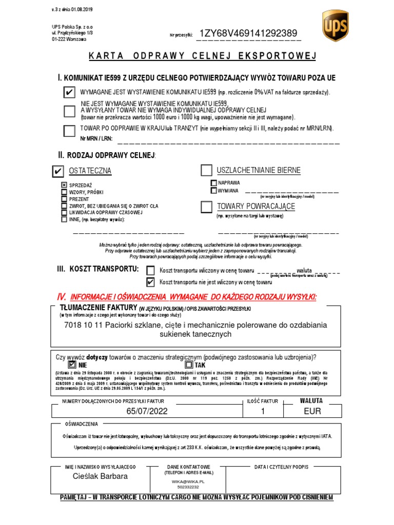 Karta Odprawy I.: Celnej Eksportowej | PDF