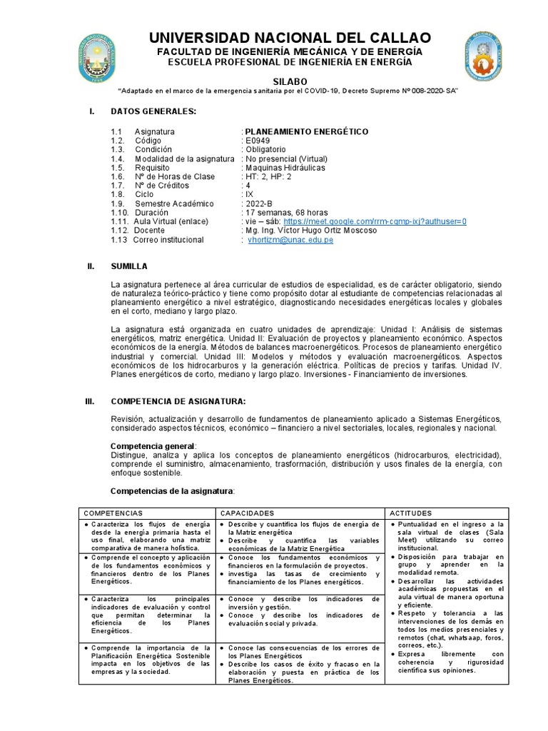 E0949 - Planeamiento Energetico - 2022-B - Syllabus - 19082022 - Victor ... E0949 - Planeamiento Energetico - 2022-B - Syllabus - 19082022 - Victor ...
