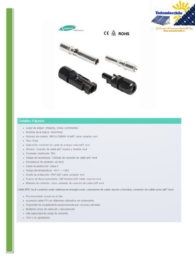 Ficha Técnica Conectores MC4 1000 Volt Suntree 1 | PDF