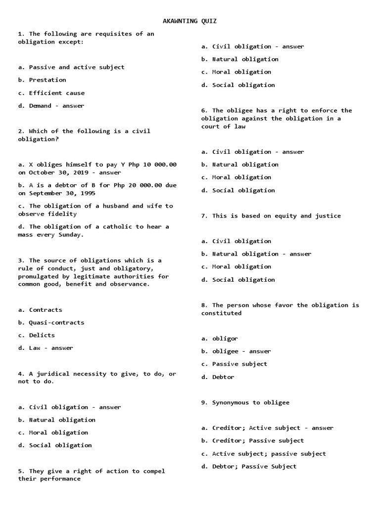 Accounting Quiz on Obligations and Contracts | PDF | Law Of Obligations ...