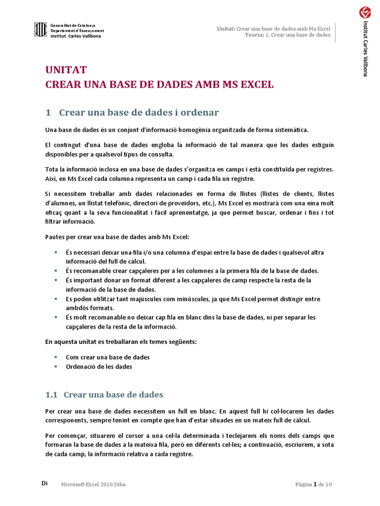 Excel 1 Com Crear Una Base de Dades | PDF