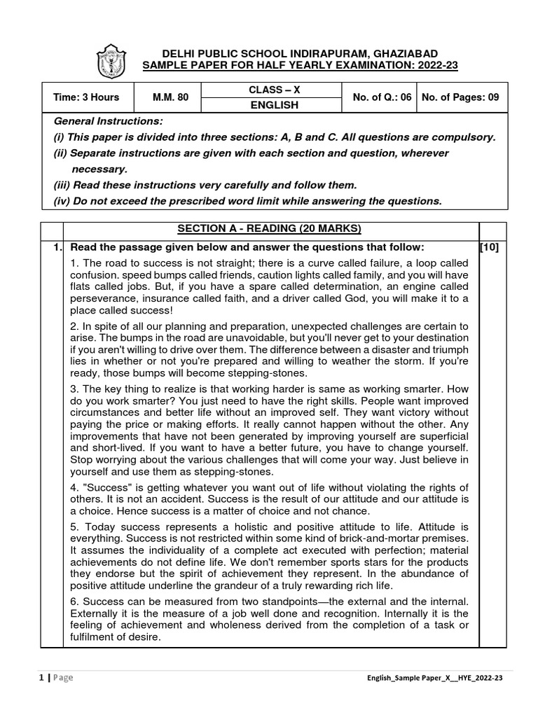 English - Sample - Paper Class 10 Half Yearly | PDF | Natural Disasters ...