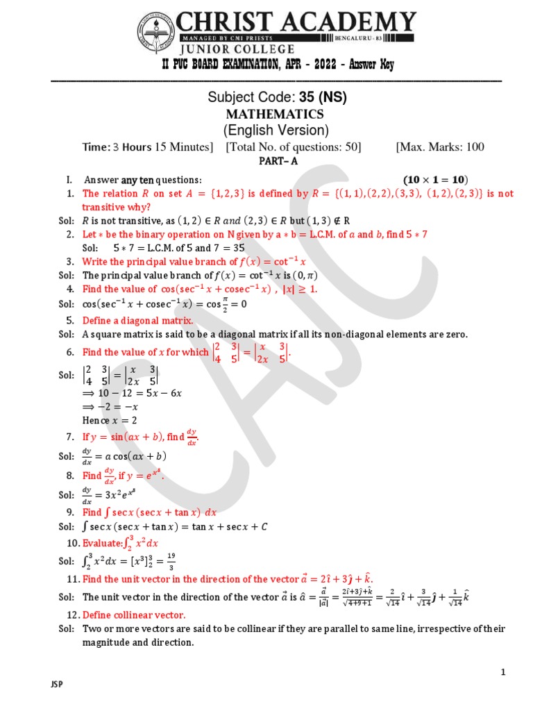 II PUC Mathematics Exam Answer Key 2022 | PDF | Mathematics ...