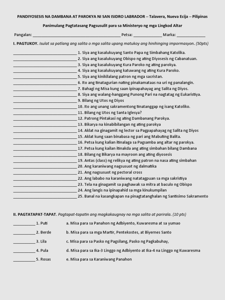 Assessment Examination 1. Tagalog | PDF