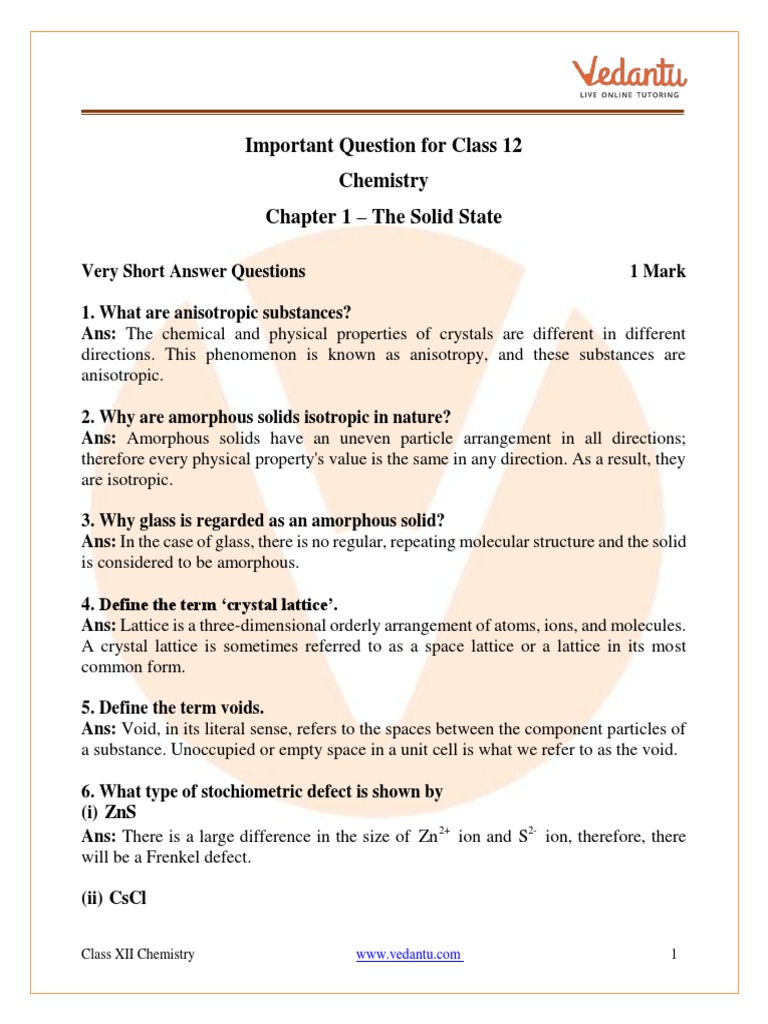 Solid State Important Questions Class 12 | PDF | Crystal Structure ...