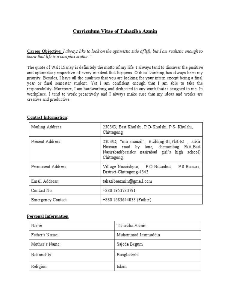 CV of Tahaziba Azmin: Aspiring CSE Intern | PDF | Bangladesh