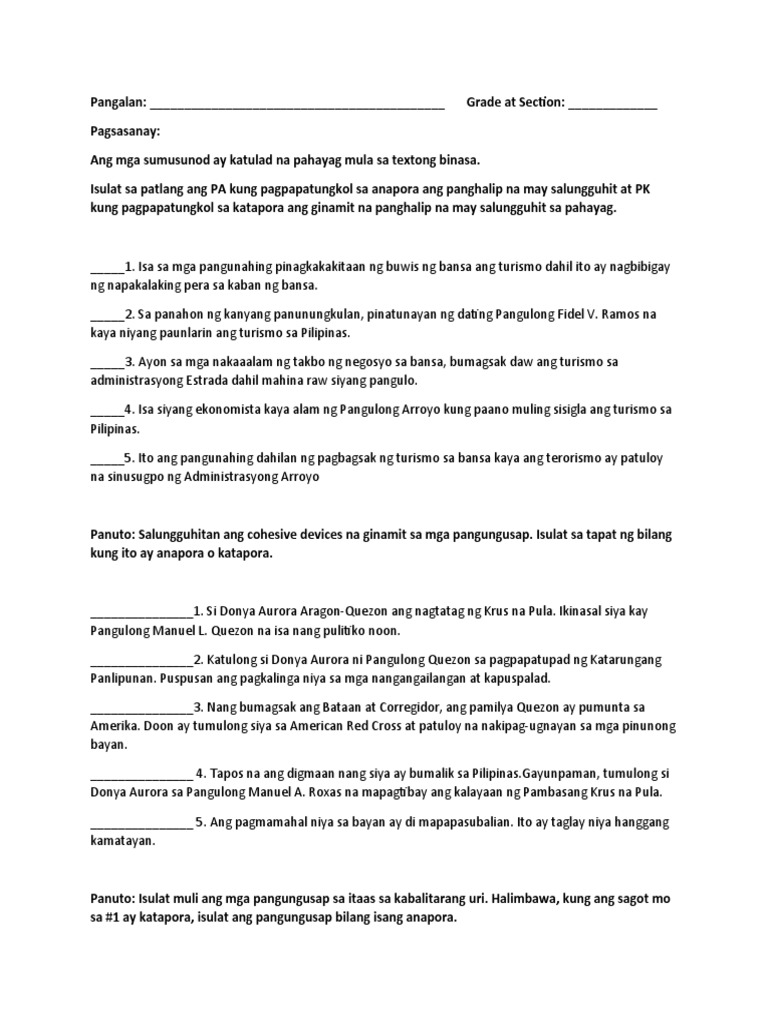 Pagsasanay - Anapora at Katapora | PDF