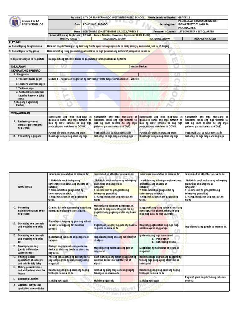 SHS Pagbasa DLL Week 3 | PDF