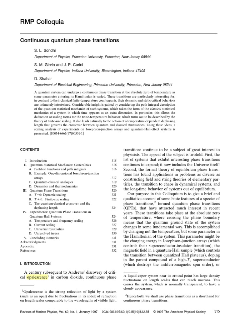 Sondhi RMP 69 315 1997 | PDF | Quantum Mechanics | Phase Transition
