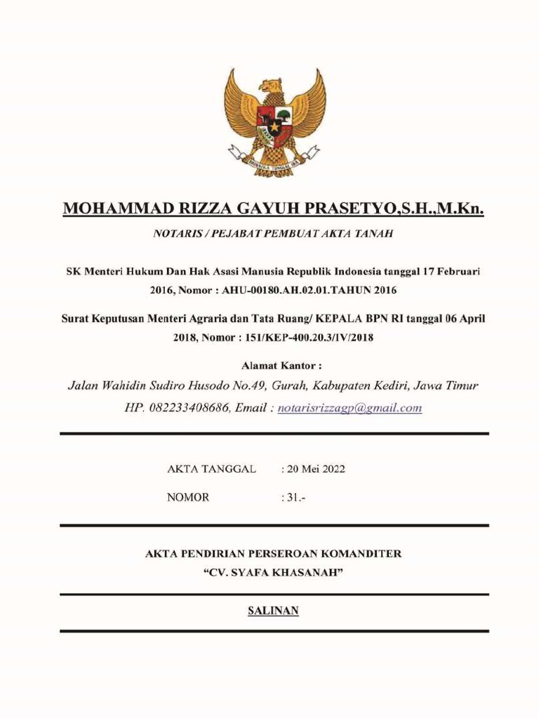 Akta Pendirian Perseroan Komanditer CV Syafa Khasanah | PDF