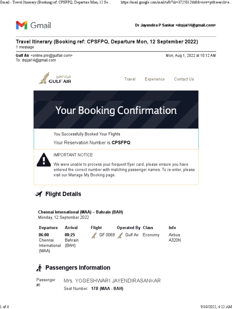 Travel Itinerary (Booking Ref: CPSFPQ, Departure Mon, 12 September 2022 ...