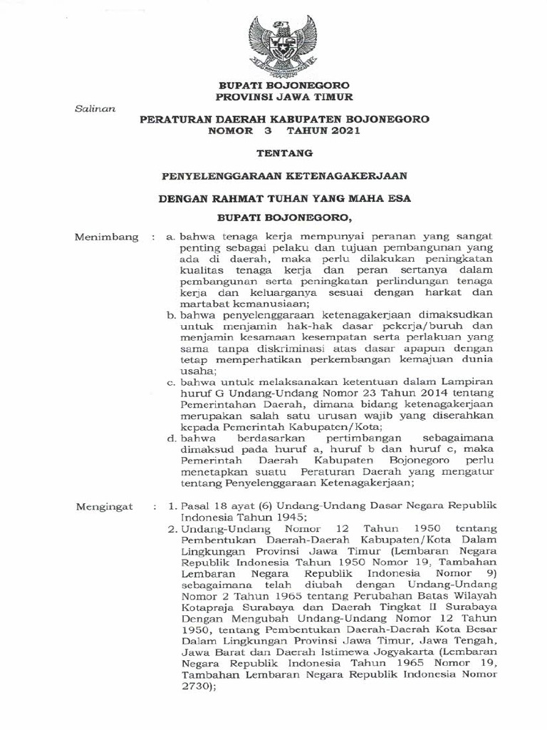 Perda No 3 TTG Penyelenggaraan Ketenagakerjaan 000 | PDF