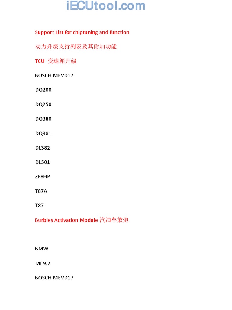 Support List for chiptuning and function 动力升级支持列表及其附加功能 TCU 变速箱升级 ...