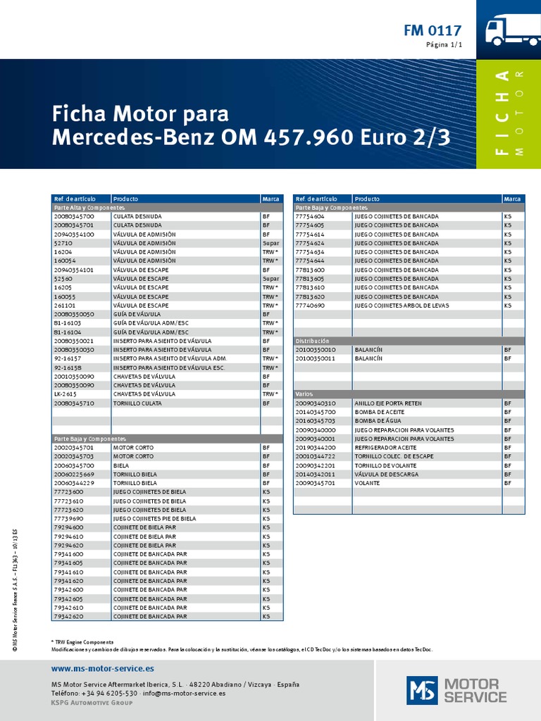 Ficha Motor para MERCEDES BENZ OM 457.960 Euro 23 - 57850 | Descargar ...