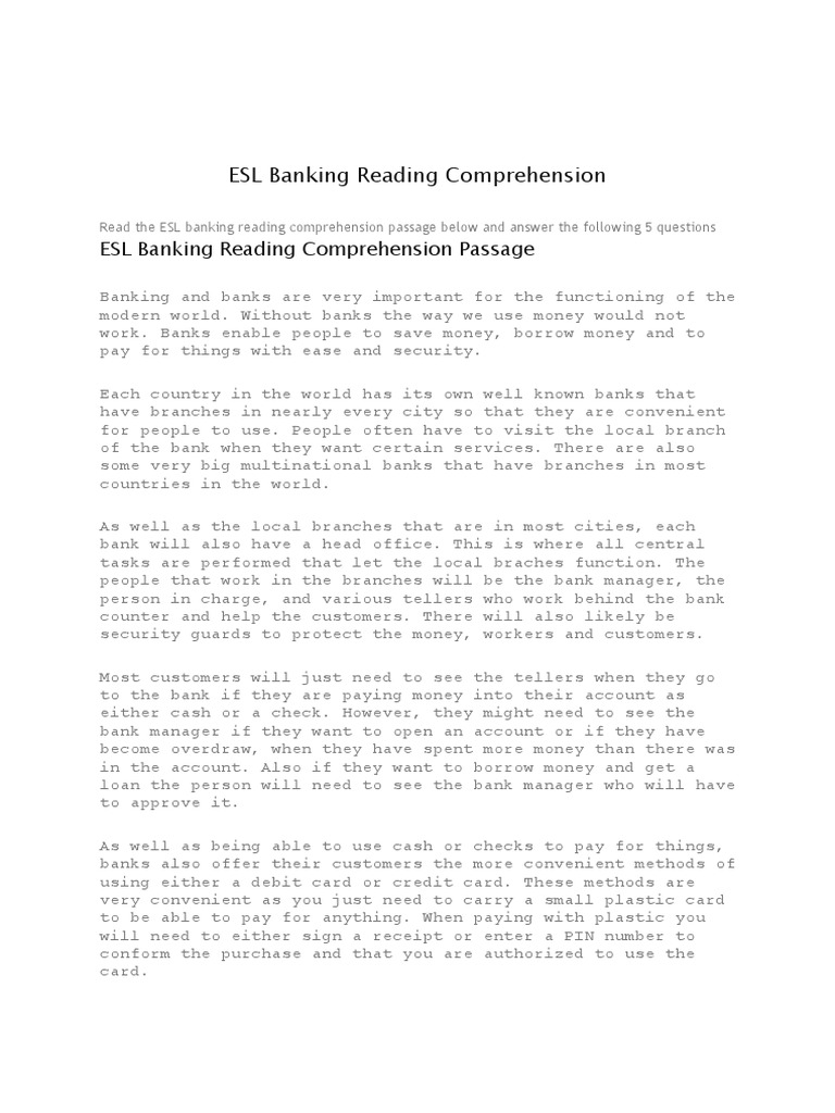 ESL Banking Reading Comprehension | PDF | Banks | Money
