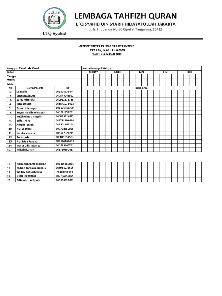 Absensi Program Tahsin 1 2019 | PDF
