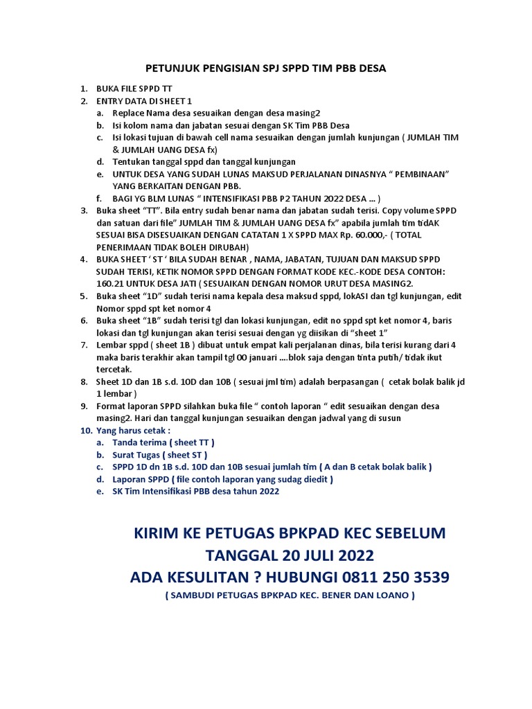 Petunjuk Pengisian SPJ SPPD Tim PBB Desa | PDF