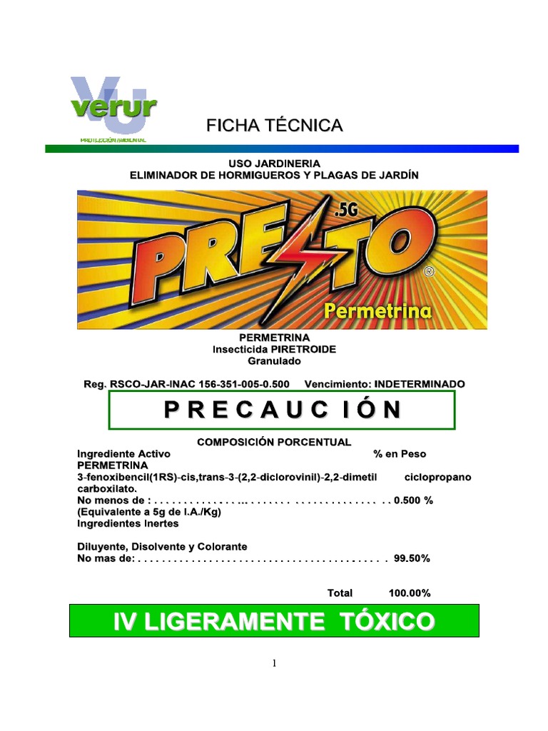 PRESTO .5G Ficha Tecnica HDS Registro Sanitario | PDF