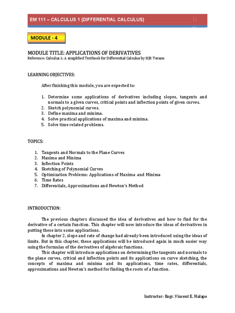 Calculus 1 - Module 4 (Applications of The Derivative) | PDF | Tangent ...