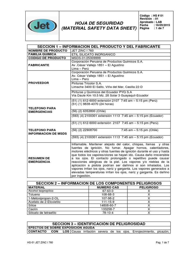 Hoja de MSDS Hs-01 Jet Zinc I 760 | PDF | Agua | Incendios