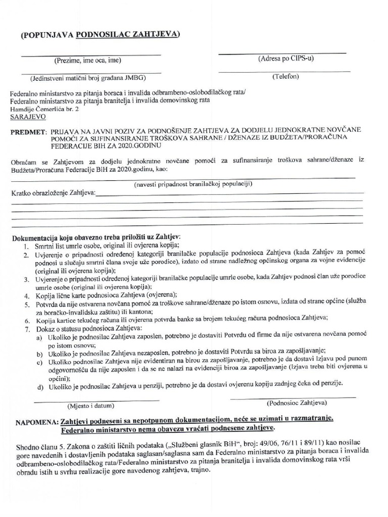 Obrazac Zahtjeva Sahrane I Dženaze | PDF