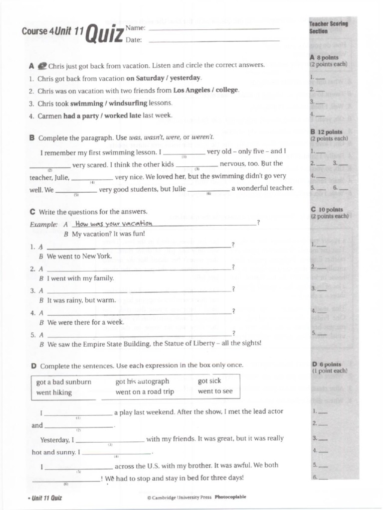 Touchstone 1 Unit 11 Quiz 02 | PDF