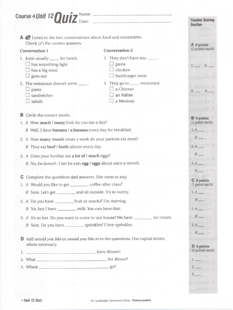 Touchstone 1 Unit 12 Quiz 03 | PDF