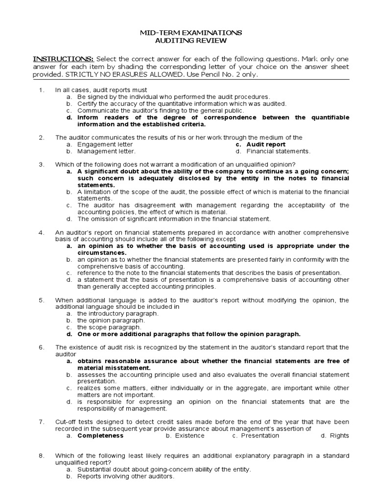 Midterm Examination - AUDITING REVIEW | PDF | Financial Audit | Auditor ...
