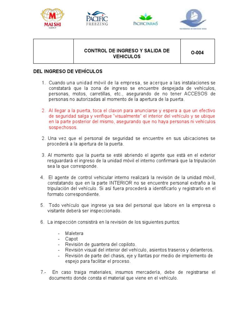 Procedimiento para el control de ingreso y salida de vehículos en ...