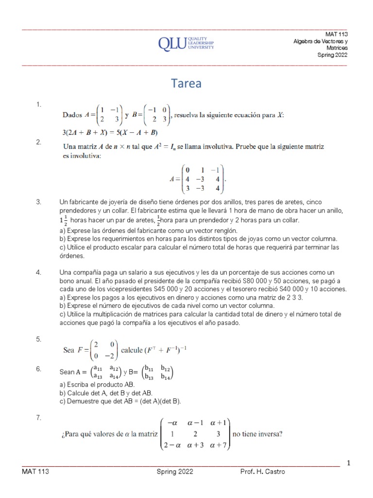HW 1 - MAT 113 - Spring 2022 | PDF | Matriz (Matemáticas) | Objetos ...