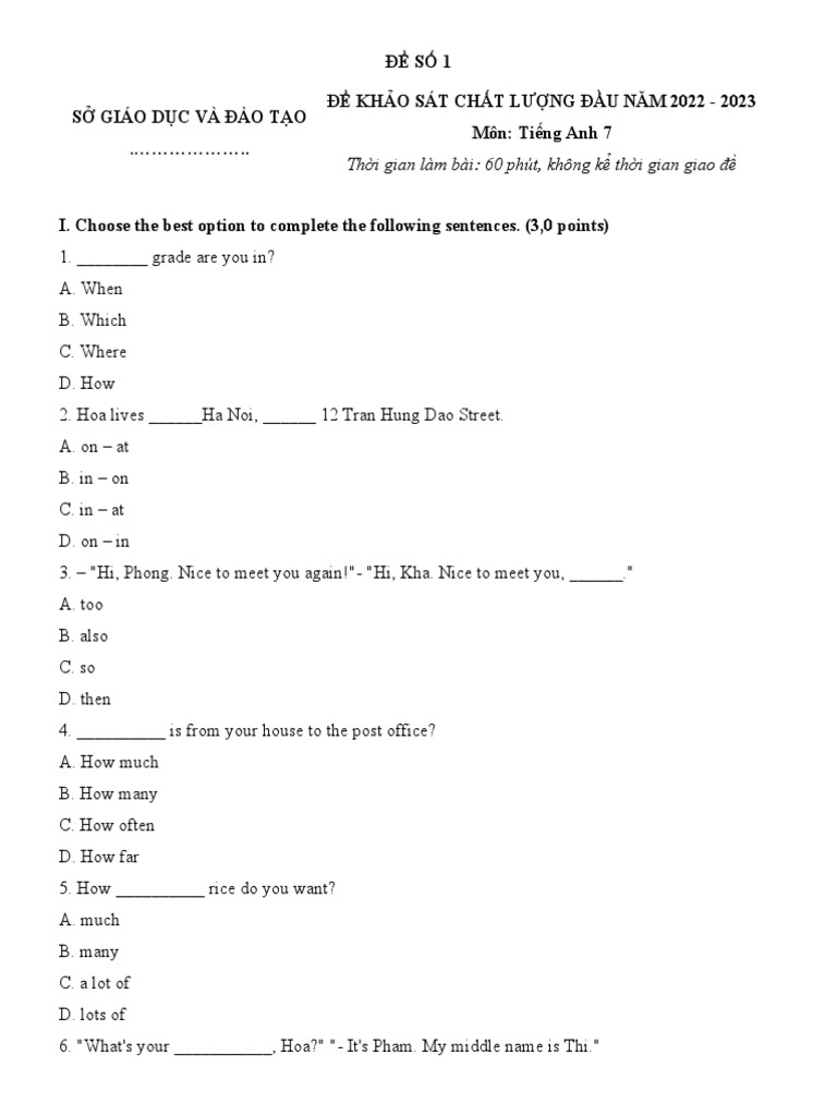 Bo de Thi Khao Sat Chat Luong Dau Nam Mon Tieng Anh 7 | PDF | Robot | Robotics