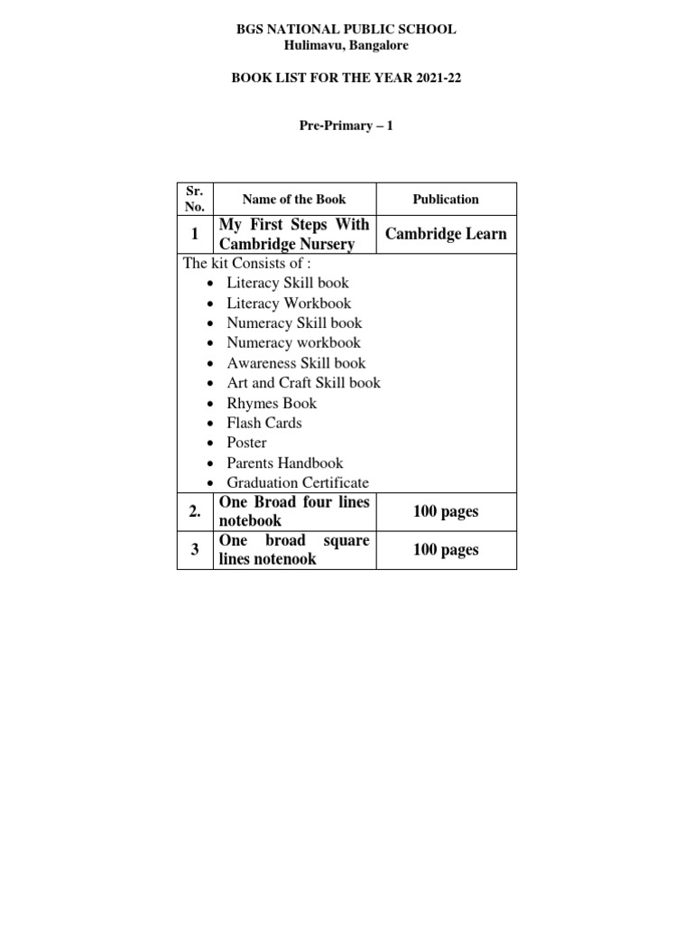 Pre Primary 1 - 2 - 3 - Book List 2021 22 | PDF | Learning To Read ...