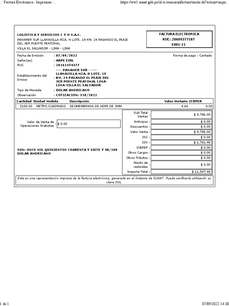 Factura Electronica RUC: 20609377187 E001-11 | PDF | Dinero | Pagos
