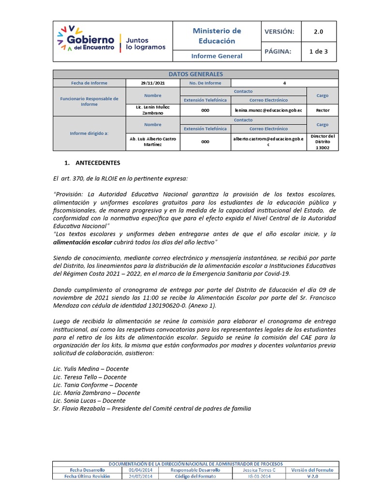 Informe sobre Colación Escolar en Ecuador | PDF | Comida y bebida