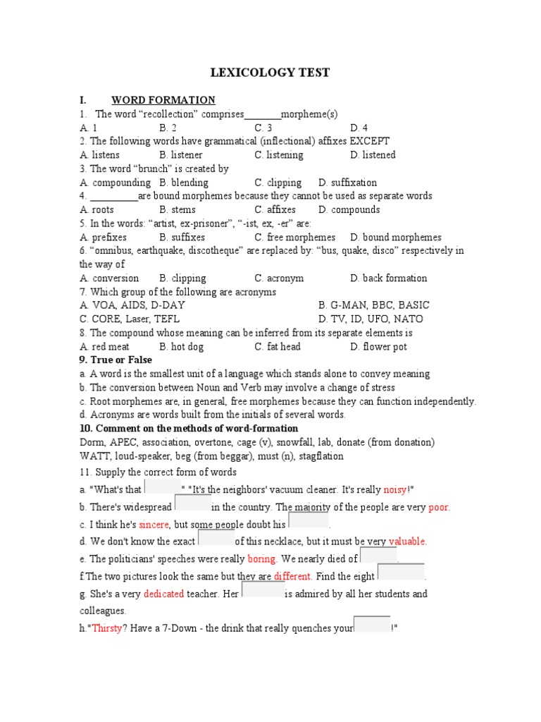 LEXICOLOGY TEST For E4 | PDF | Word | Idiom