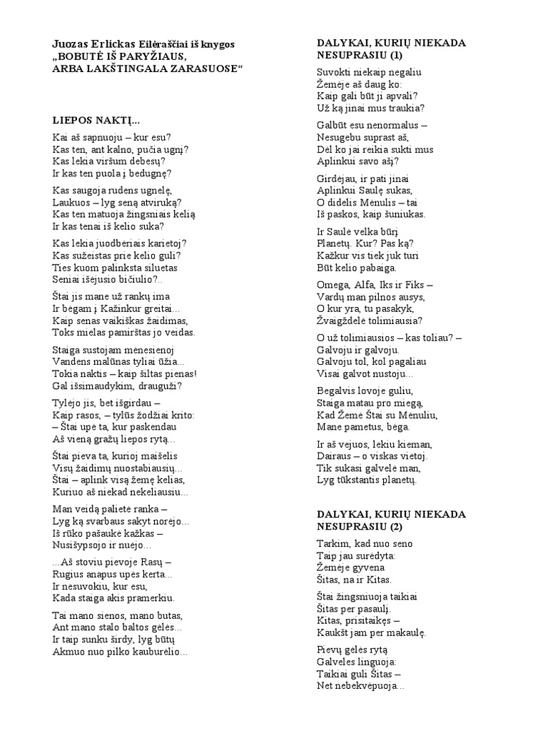 Juozas Erlickas Eilėraščiai Iš Knygos Bobute Is Paryziaus | PDF