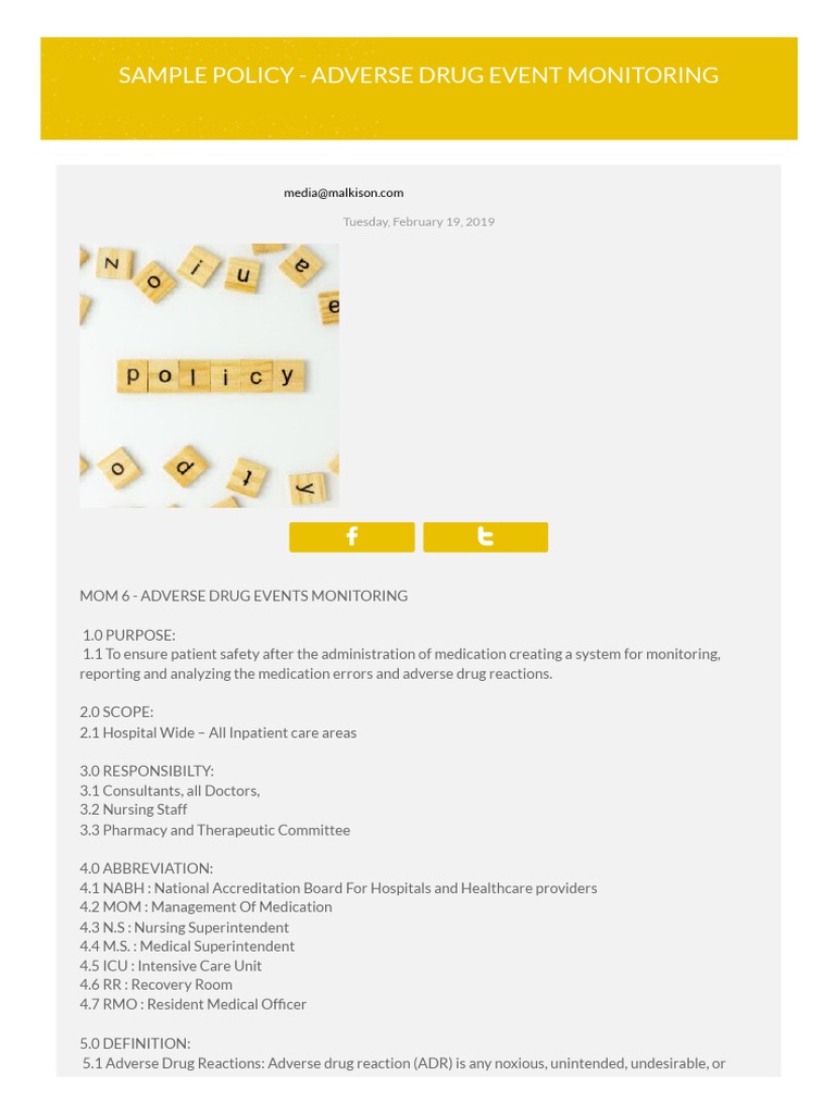 Sample Policy - Adverse Drug Event Monitoring | PDF | Medical Error ...