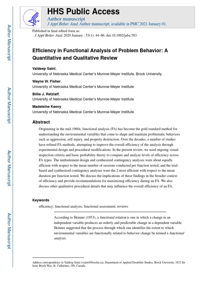 Efficiency in Functional Analysis of Problem Behavior | PDF ...