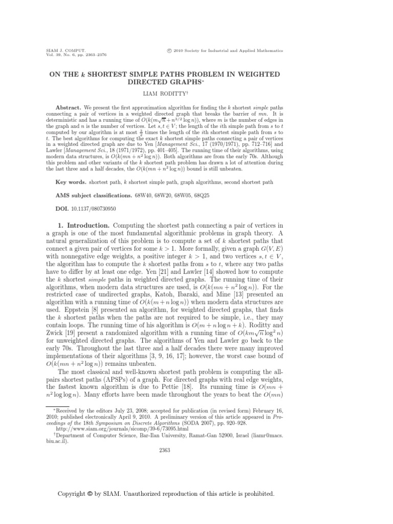 K-Shortest Paths Problem | PDF | Graph Theory | Time Complexity K-Shortest Paths Problem | PDF | Graph Theory | Time Complexity