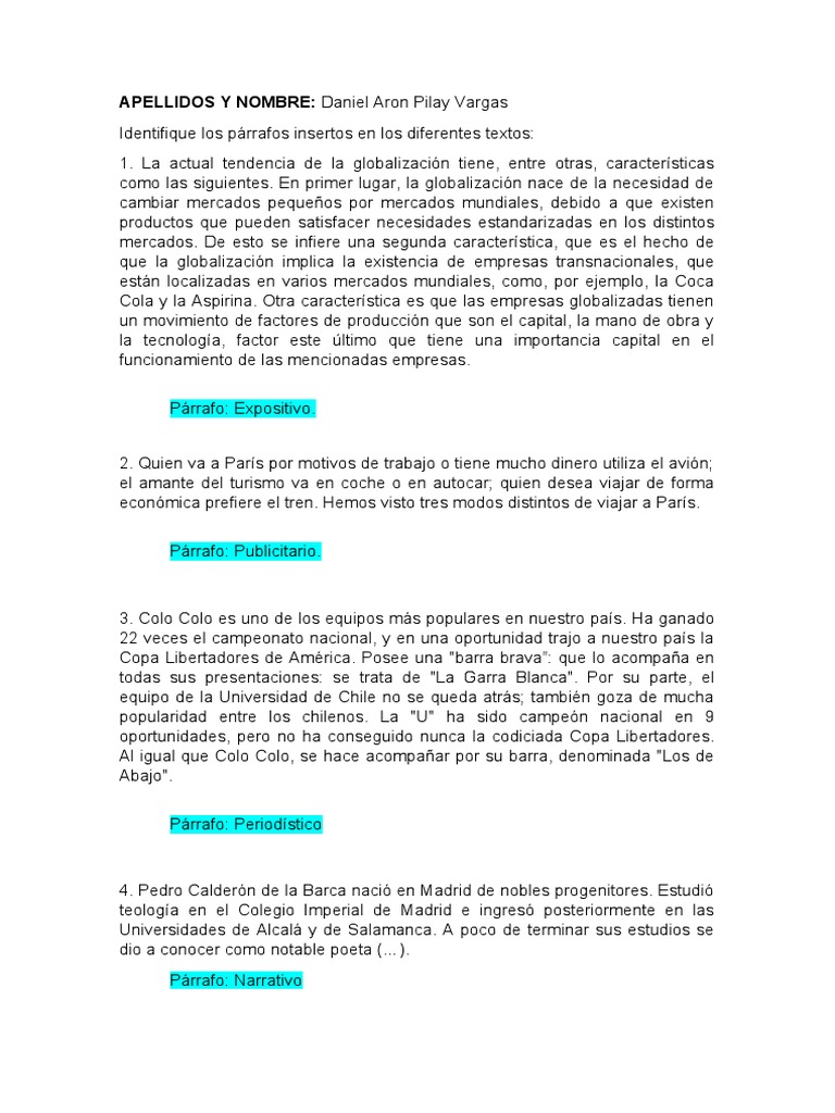 Ejercicios - Identifique Los Tipos de Párrafos - Tipos de Textos | PDF ...