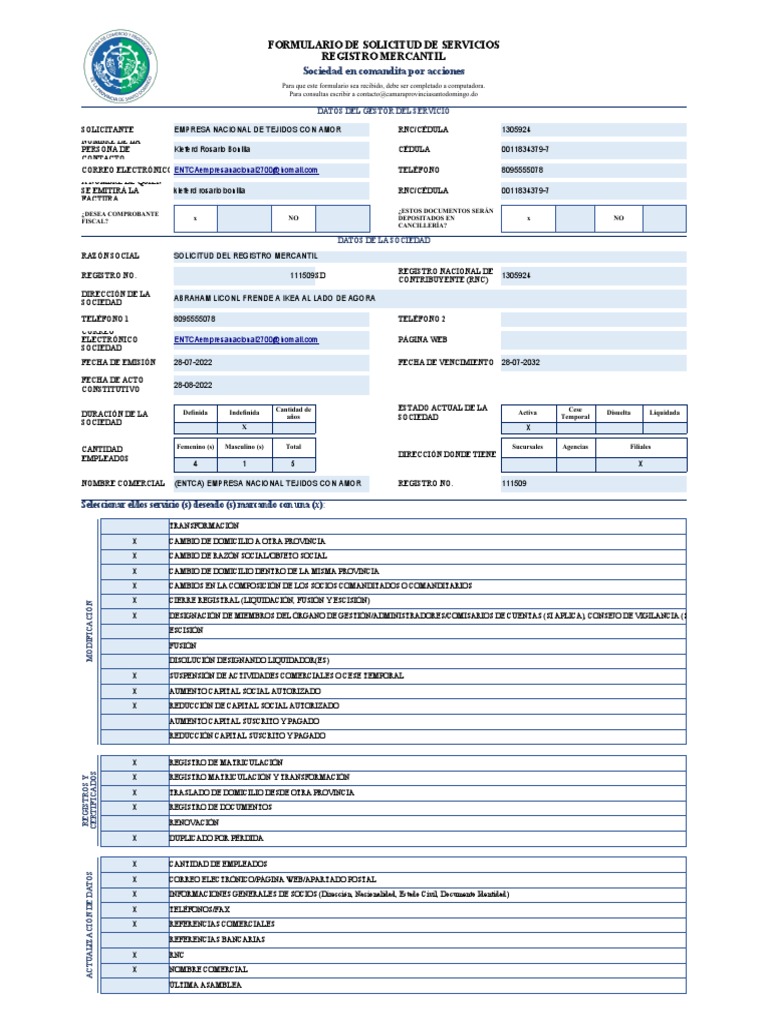 Formulario de solicitud de servicios de registro mercantil para una empresa nacional de tejidos ...